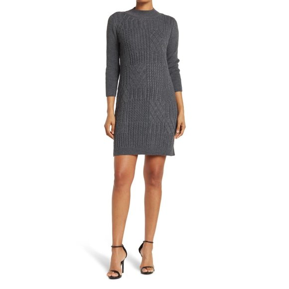 Eliza J | Dresses | Eliza J 34sleeve Mock Neck Grey Cable Knit Sweater Mini Dress L | Poshmark